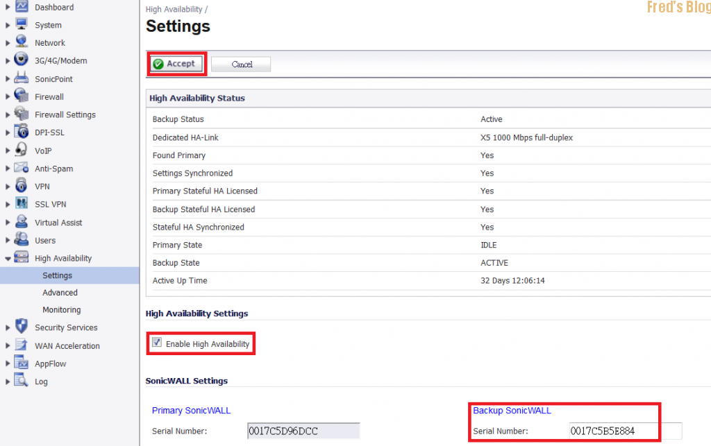 SonicWALL HA更換 Primary 或 Backup 設備方式記錄 – Fred's Blog